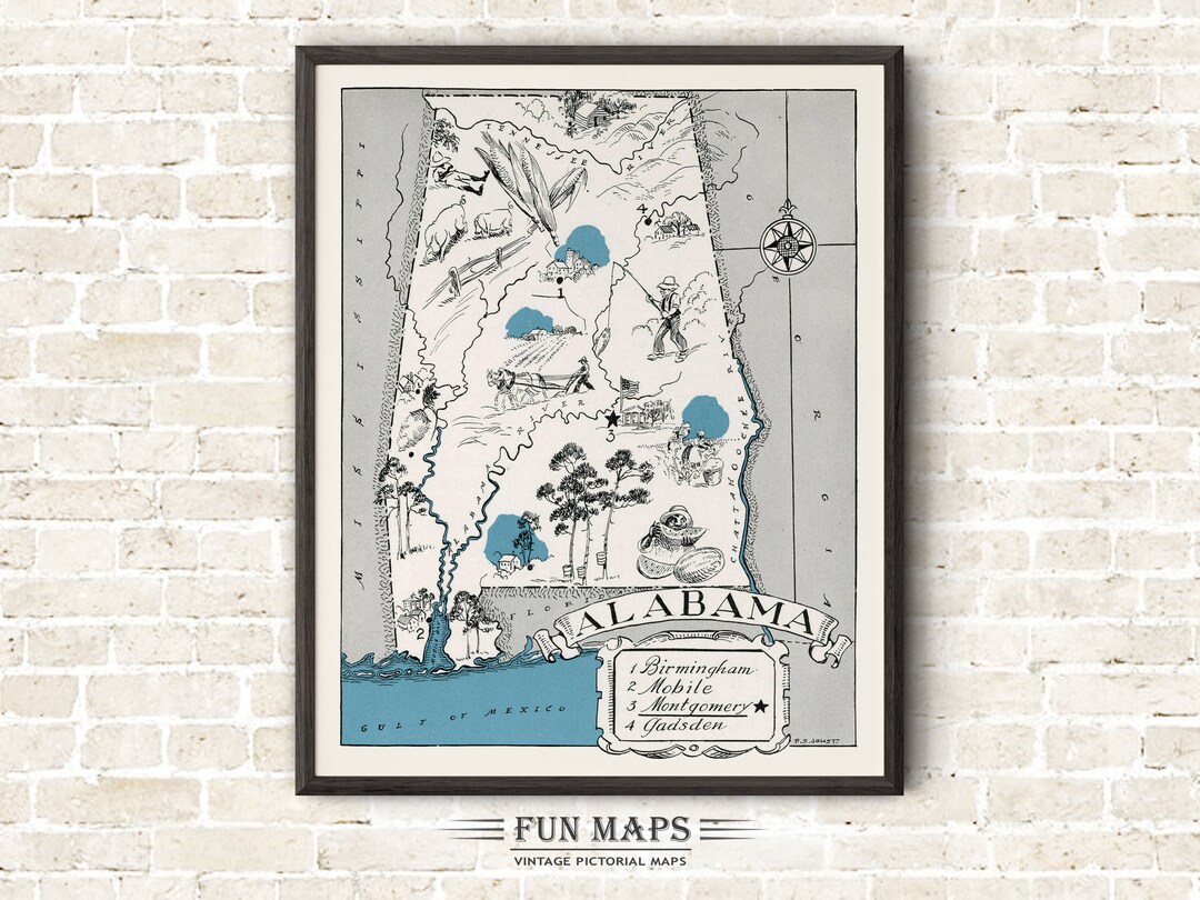 Fun Map of Alabama – Vintage Pictorial Whimsical Cartoon Print ...