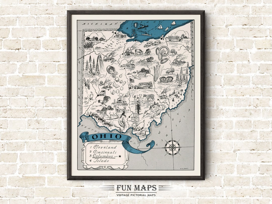 Fun Map of Ohio – Vintage Pictorial Whimsical Cartoon Print ...