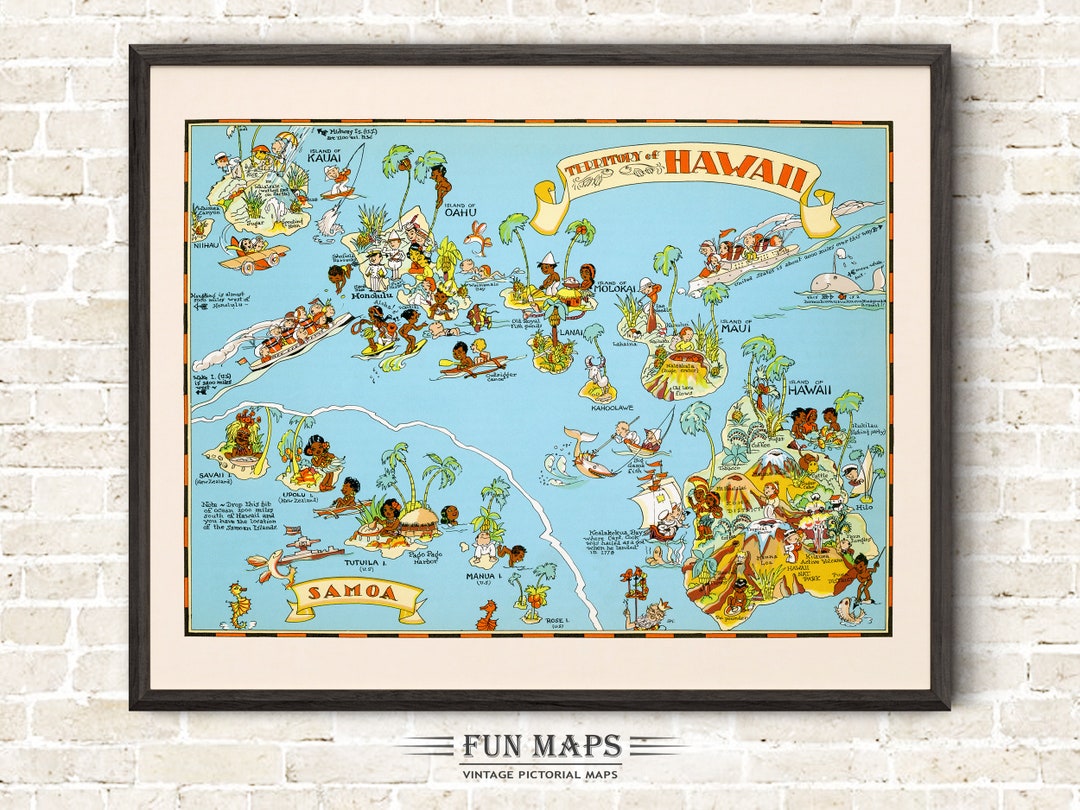Fun State Map of Hawaii – Vintage Pictorial Whimsical Cartoon Print ...