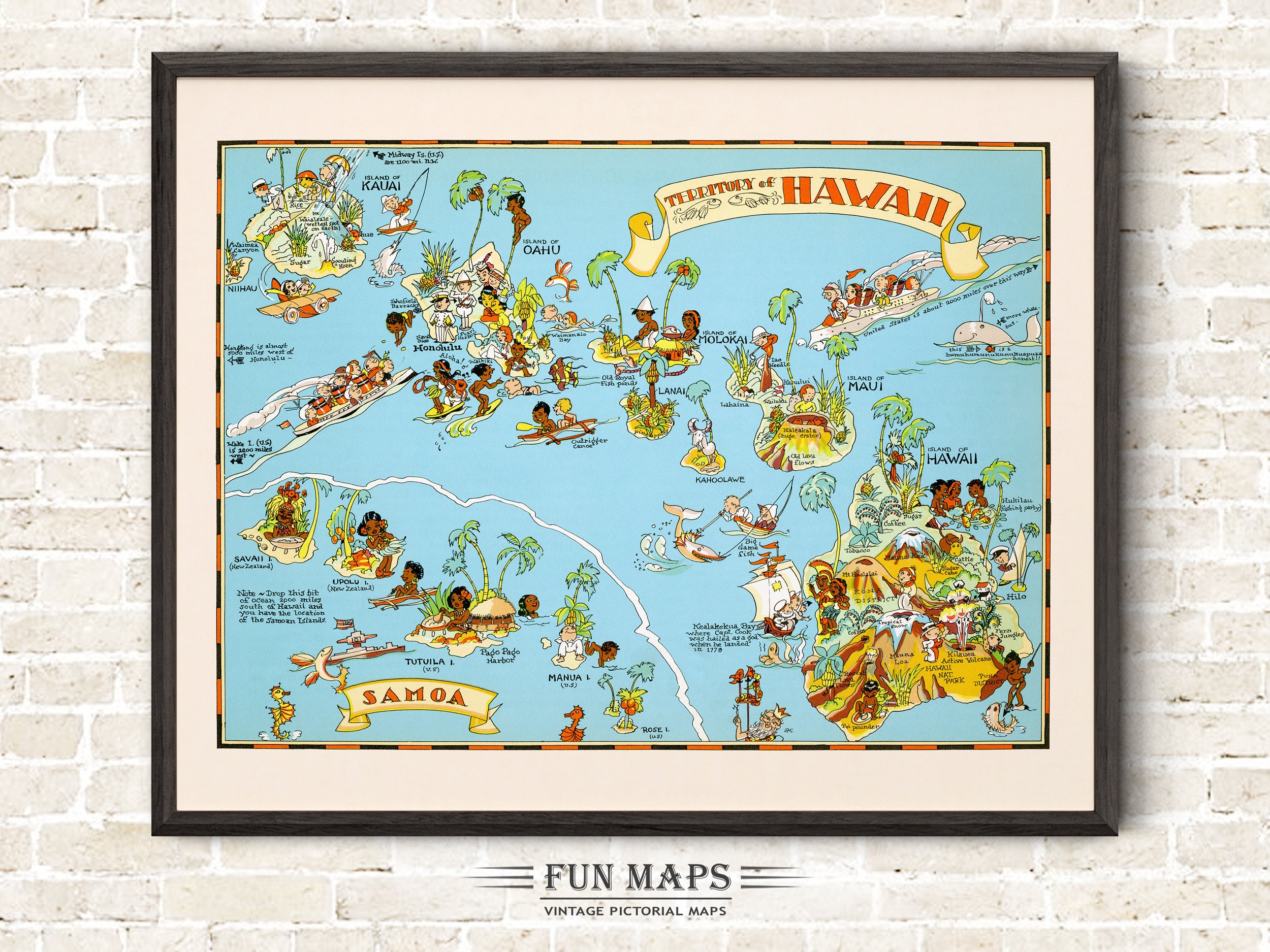 Fun State Map of Hawaii – Vintage Pictorial Whimsical Cartoon Print ...