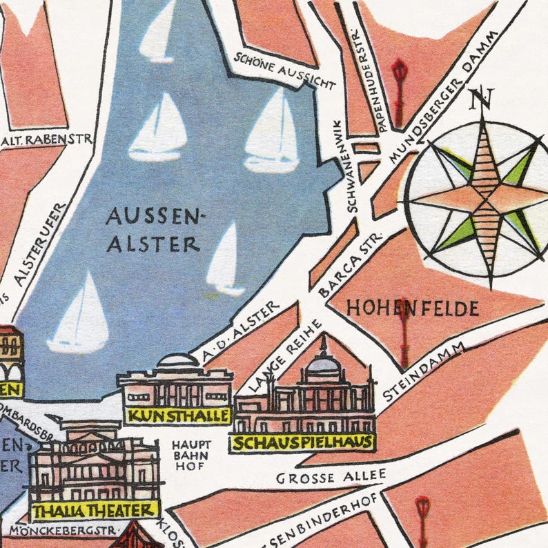 Fun Map of Hamburg in Germany, Deutschland, DE - Vintage Pictorial ...
