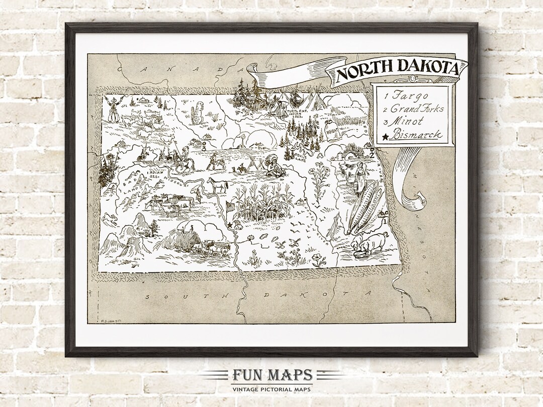 Vintage State Map of North Dakota – Fun Pictorial Whimsical Cartoon ...