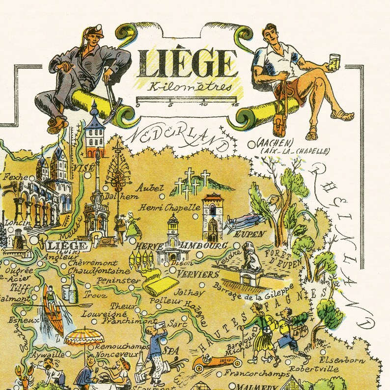 Fun Map of Liege in Belgium, Vintage Pictorial Whimsical Cartoon Print Illustration From 1940s ...