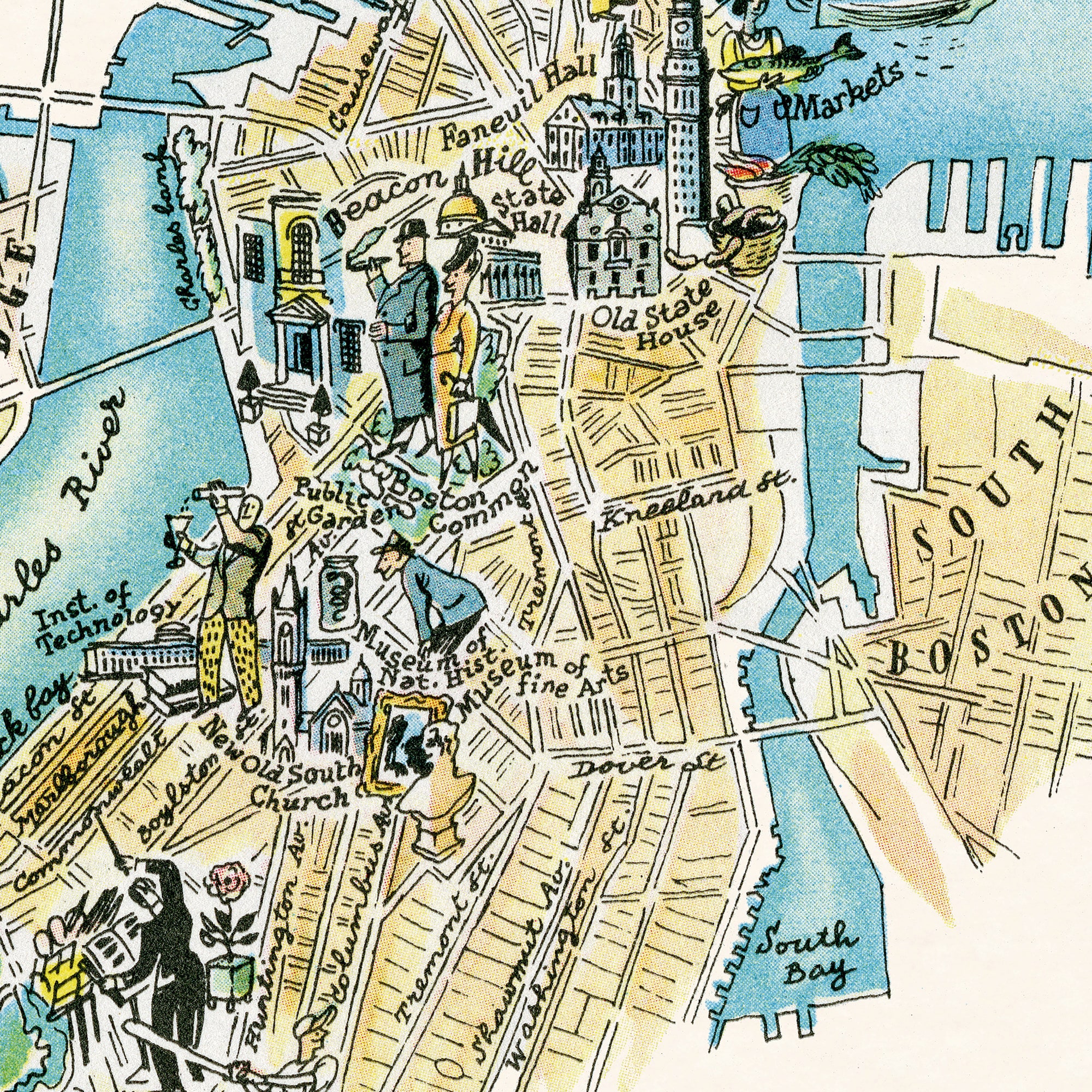 Fun Map of Boston Massachusetts Vintage Pictorial Whimsical Cartoon Old ...