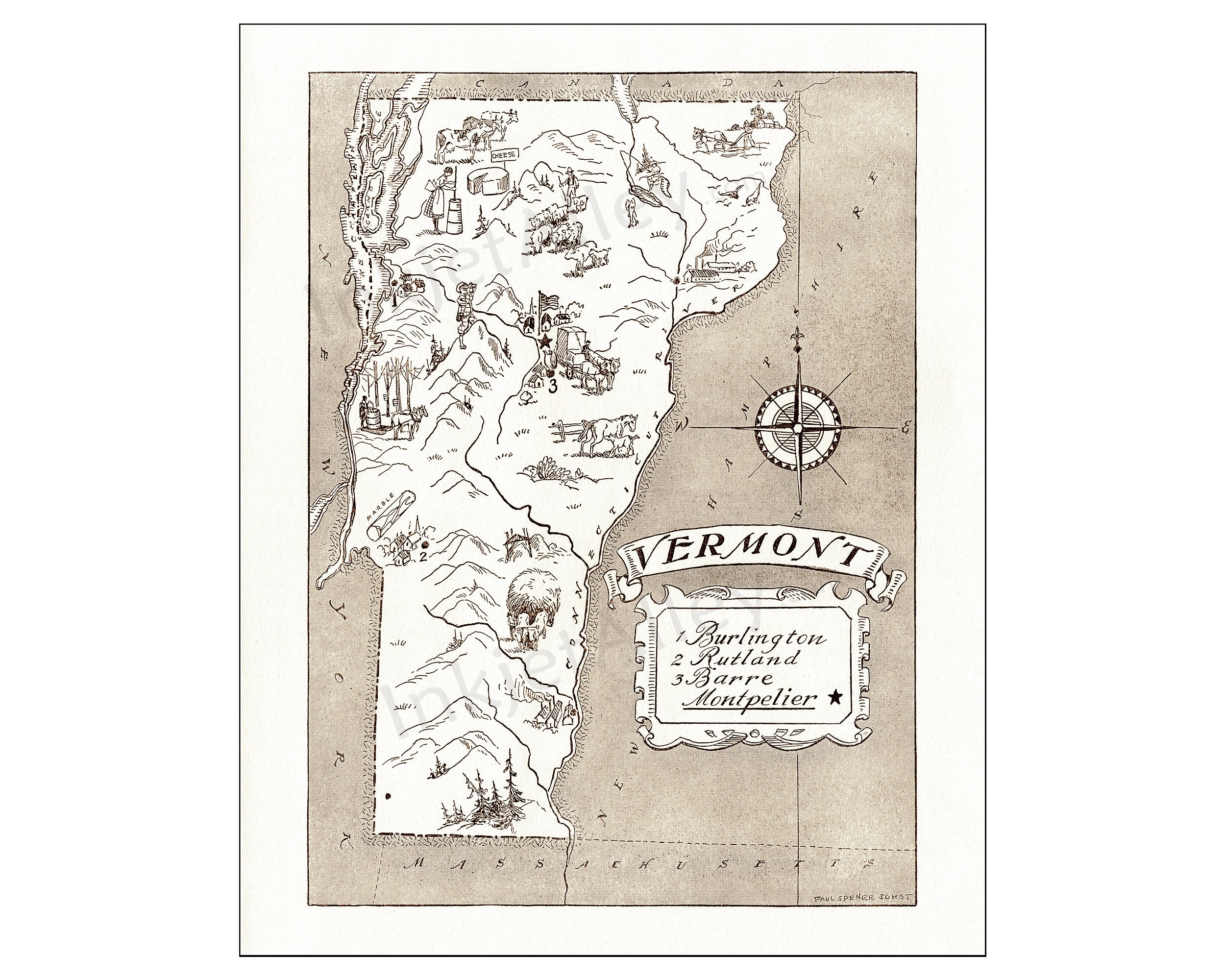 Vintage State Map of Vermont Fun Pictorial Whimsical Cartoon Print ...