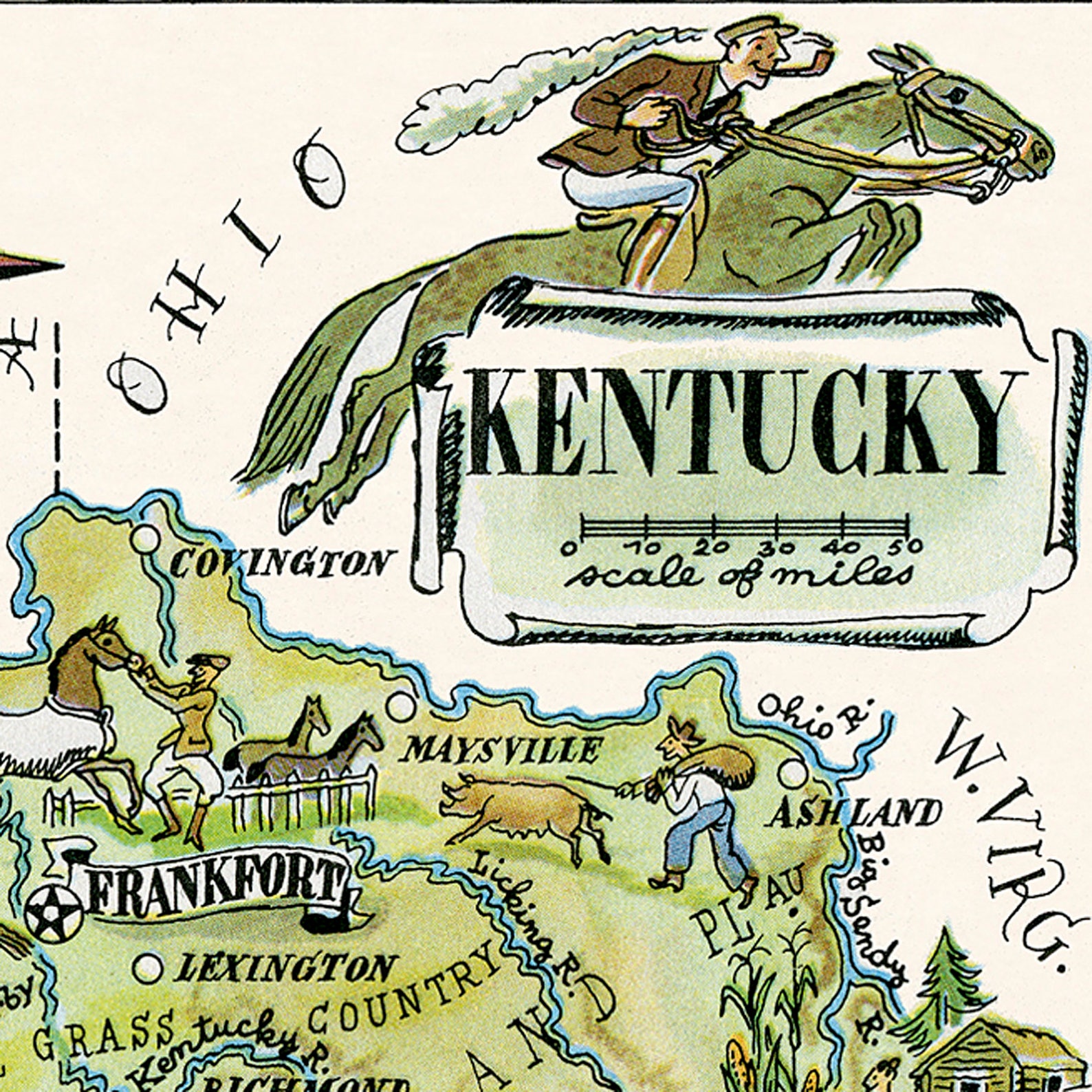 Pictorial Map of Kentucky colorful fun illustration of | Etsy