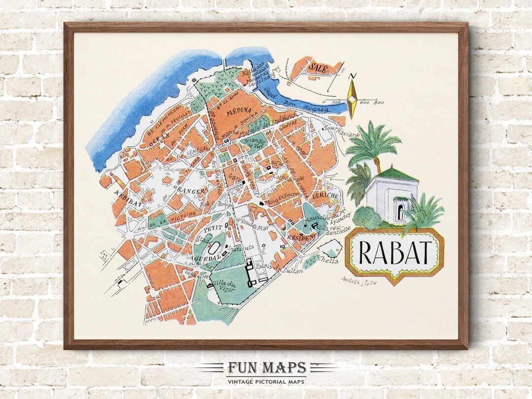 Fun Map of Rabat North Africa Vintage Pictorial Whimsical Cartoon Old ...