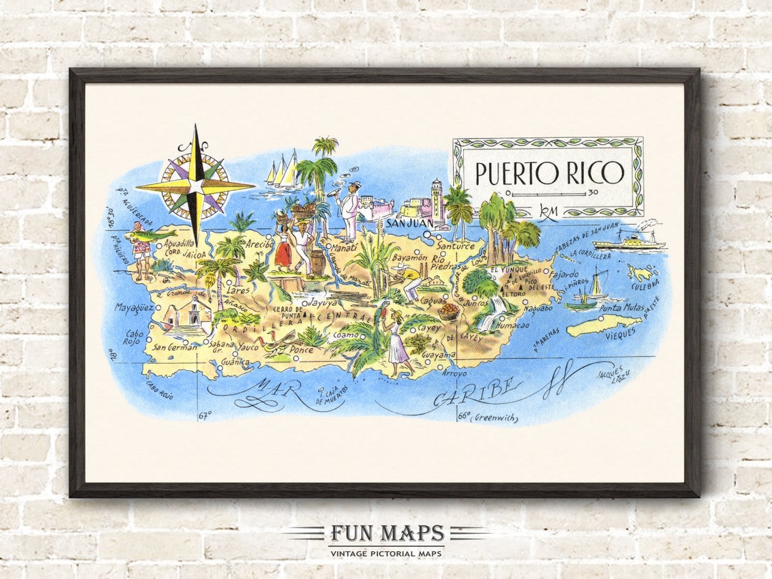 Fun Map of Puerto Rico in the Caribbean – Vintage Pictorial Whimsical ...