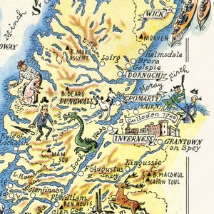 Fun Map of the Highlands in Great Britain, England, UK, Vintage ...