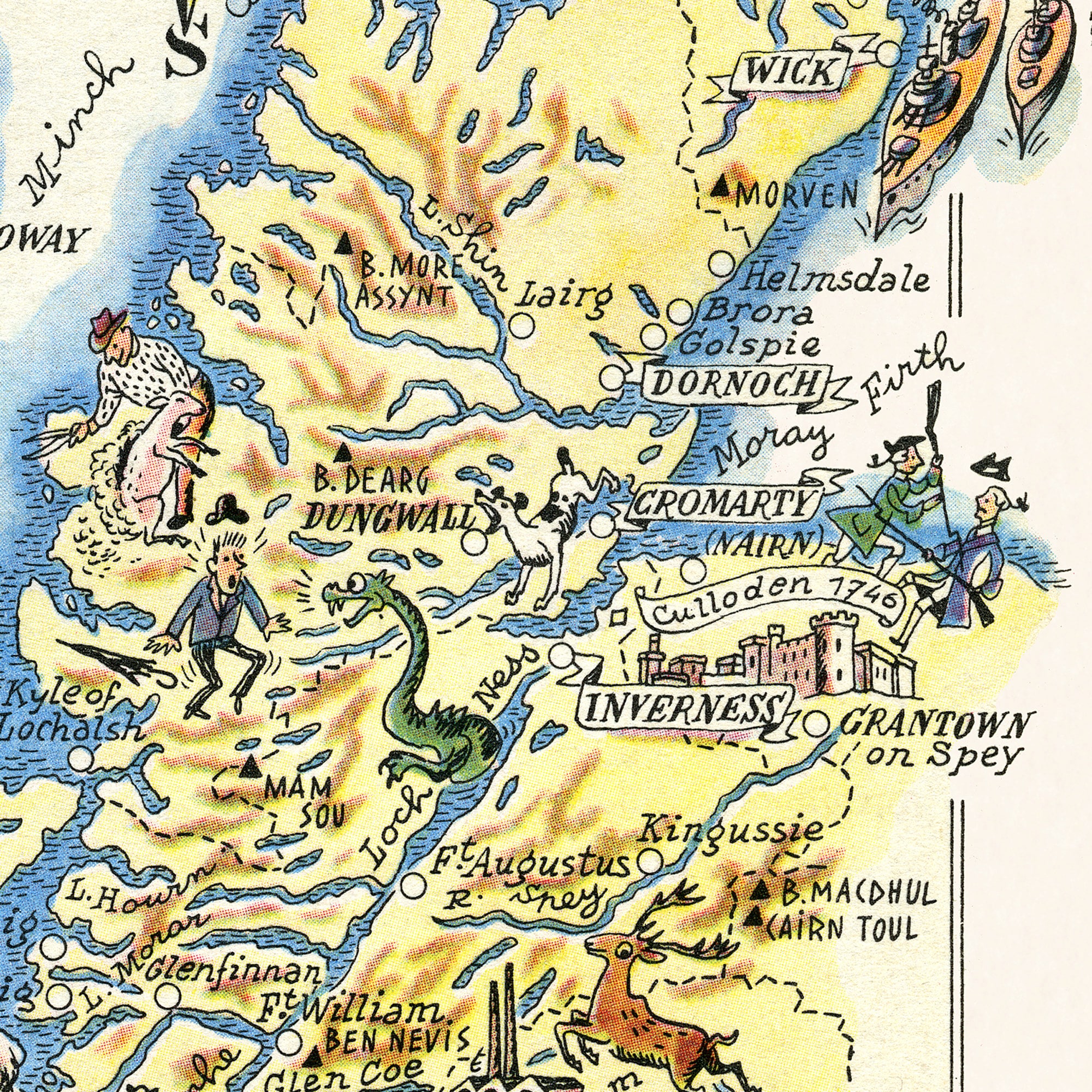 Fun Map of the Highlands in Great Britain, England, UK, Vintage ...