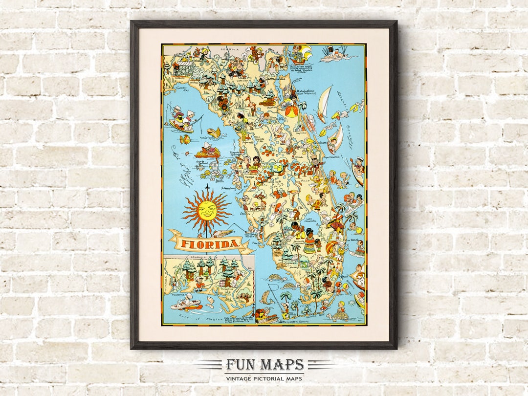Fun State Map of Florida – Vintage Pictorial Whimsical Cartoon Print ...