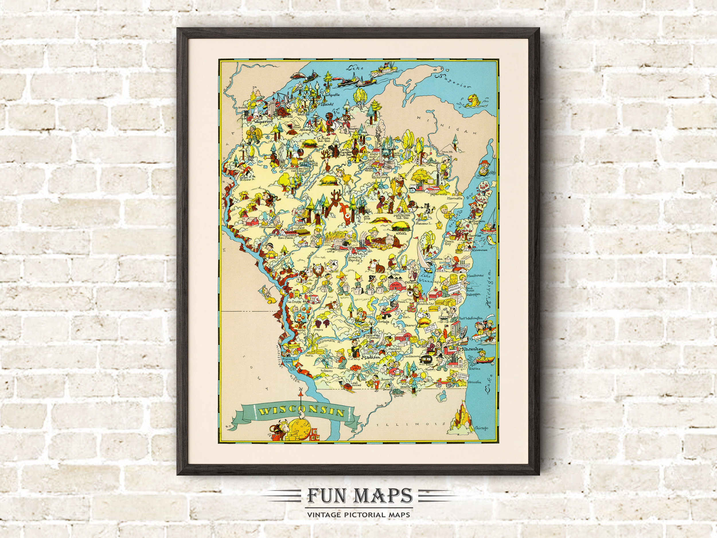 Fun State Map of Wisconsin Vintage Pictorial Whimsical Cartoon Print ...