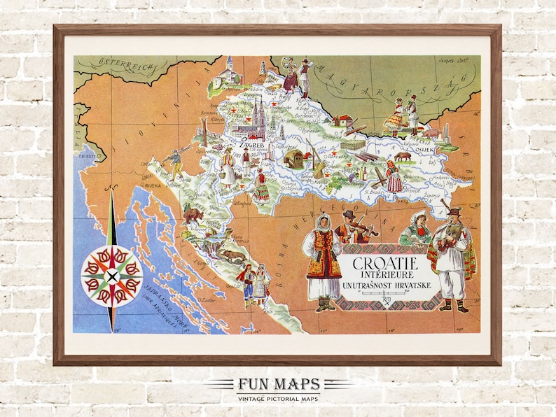 Old Map of Croatia in Europe Vintage Pictorial Whimsical Cartoon Print ...