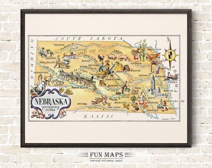 Fun State Map of Nebraska – Vintage Pictorial Whimsical Cartoon Print ...