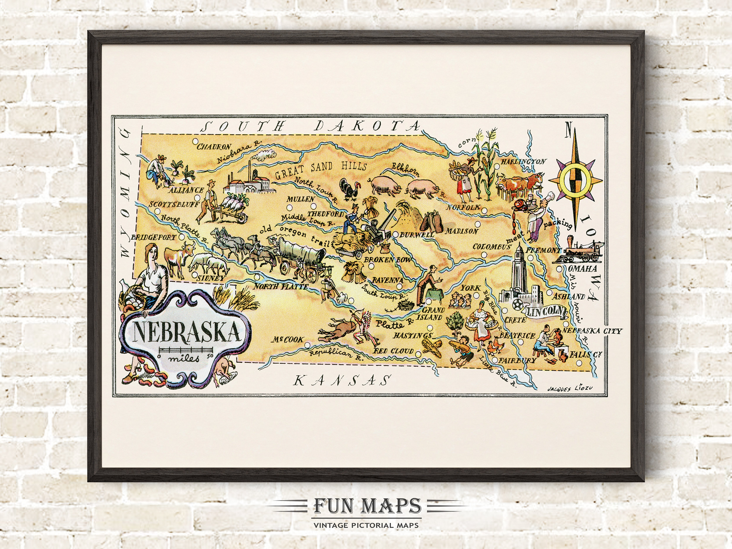Fun State Map of Nebraska Vintage Pictorial Whimsical Cartoon Print ...