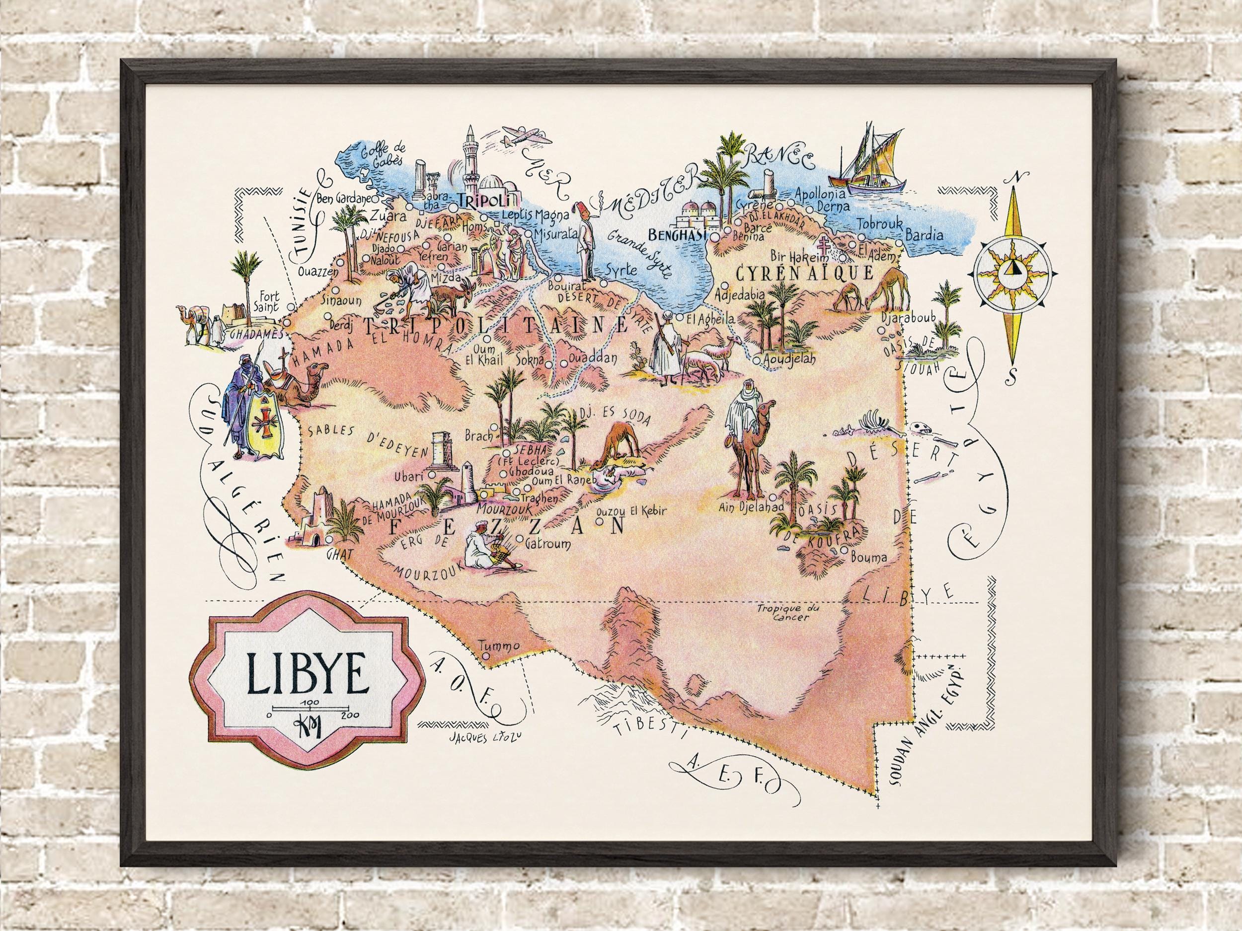 Fun Map of Libya in North Africa Vintage Pictorial Whimsical Cartoon ...