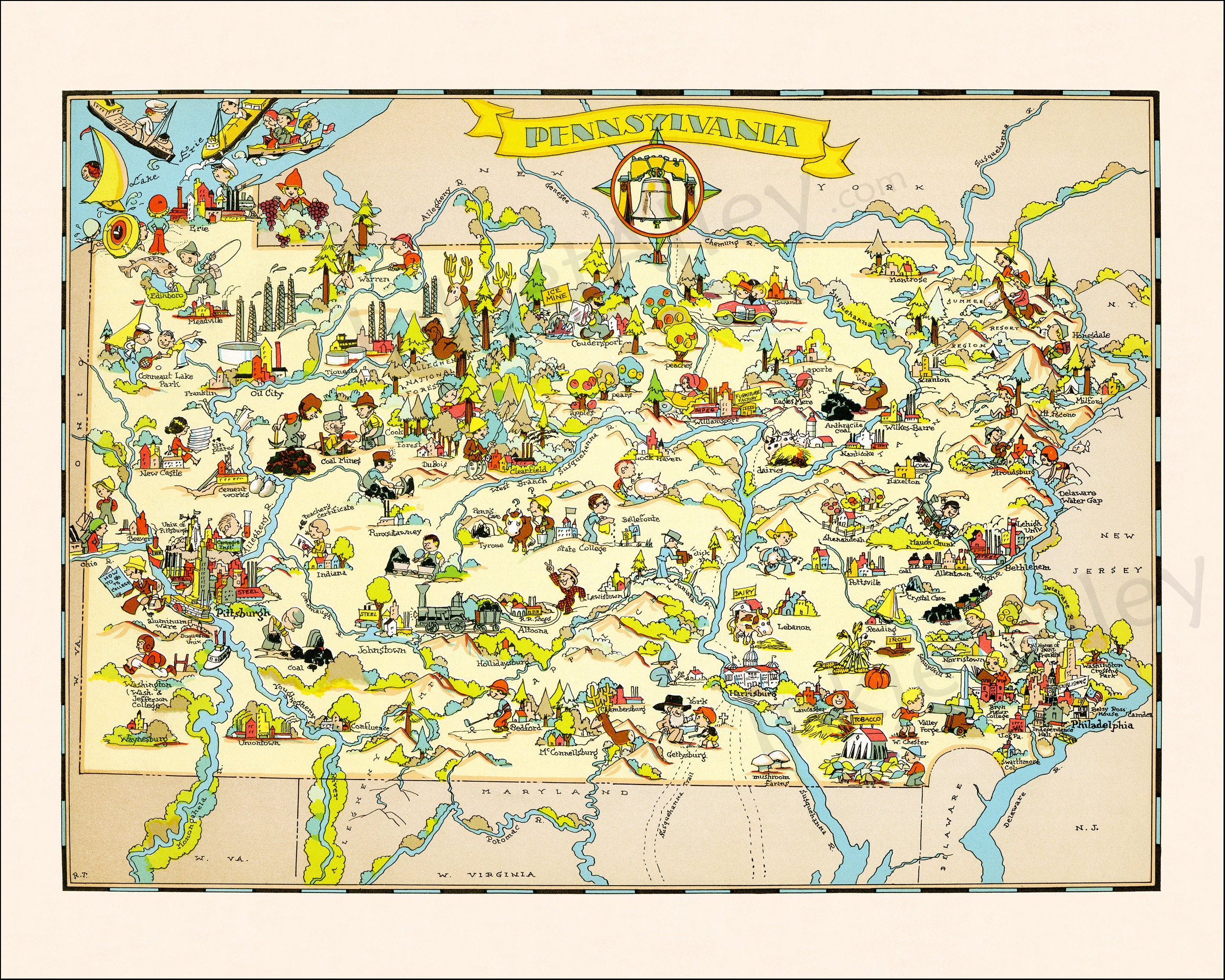 Fun State Map of Pennsylvania - Vintage Pictorial Whimsical Cartoon ...