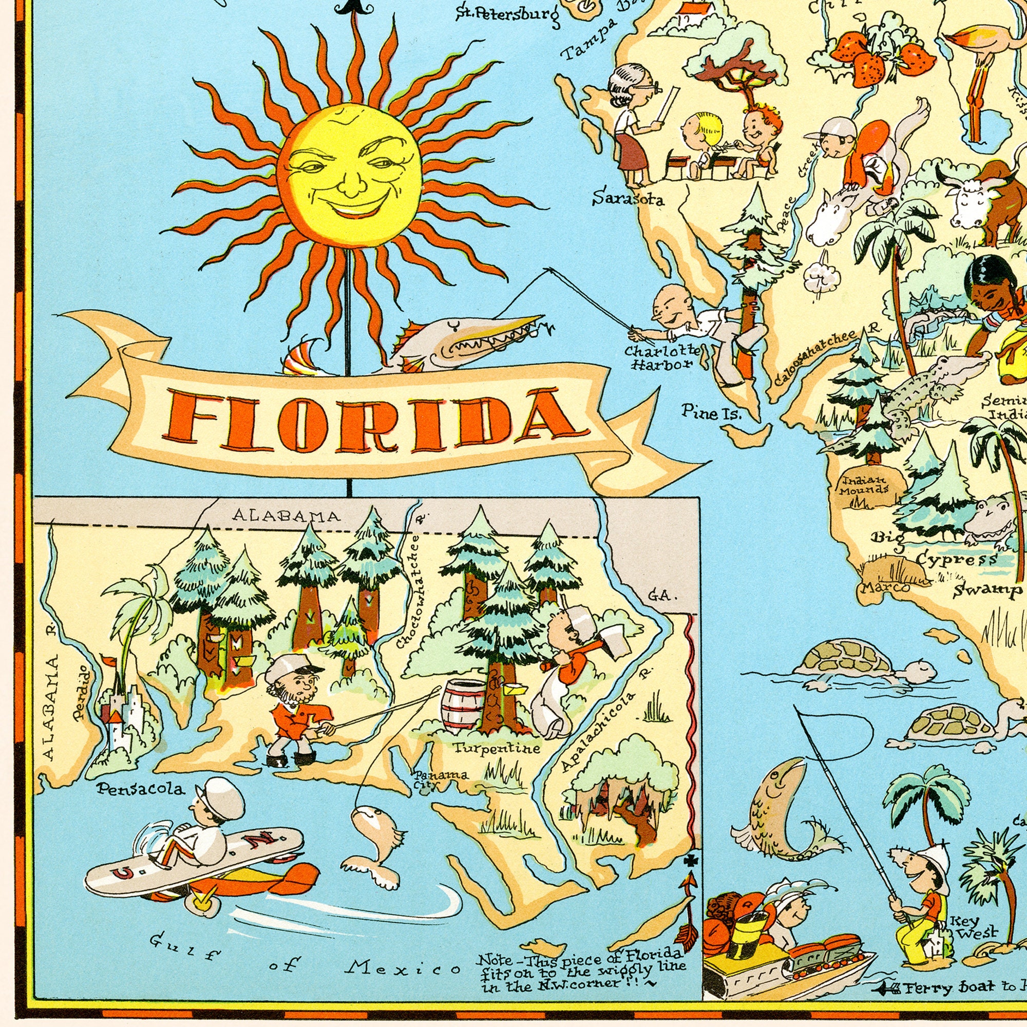 Fun State Map of Florida Vintage Pictorial Whimsical Cartoon Print ...