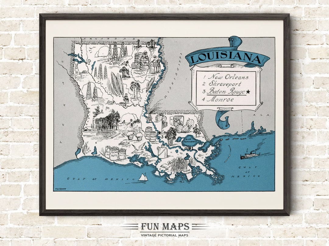 Fun Map of Louisiana – Vintage Pictorial Whimsical Cartoon Print ...