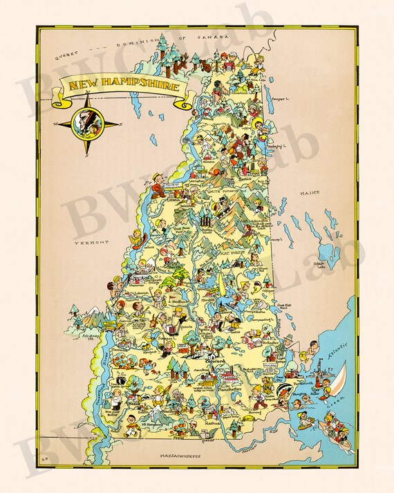 Pictorial Map of New Hampshire colorful fun illustration of | Etsy