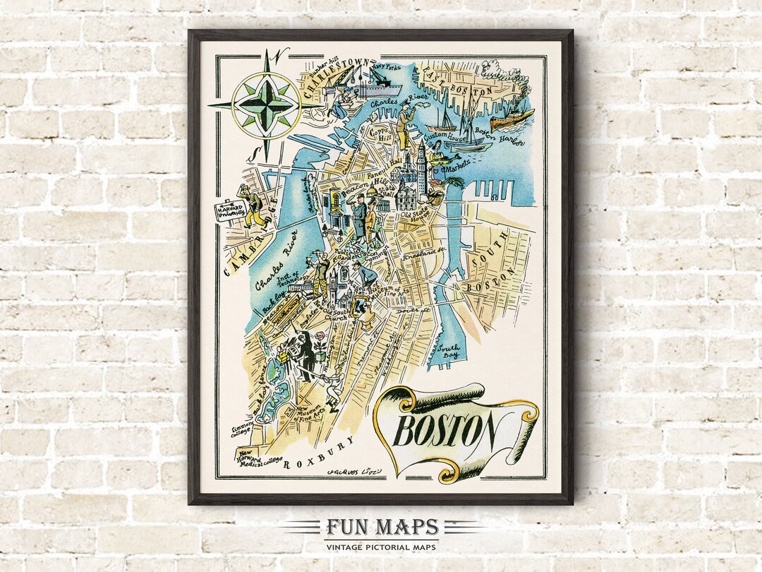 Fun Map of Boston Massachusetts - Vintage Pictorial Whimsical Cartoon ...