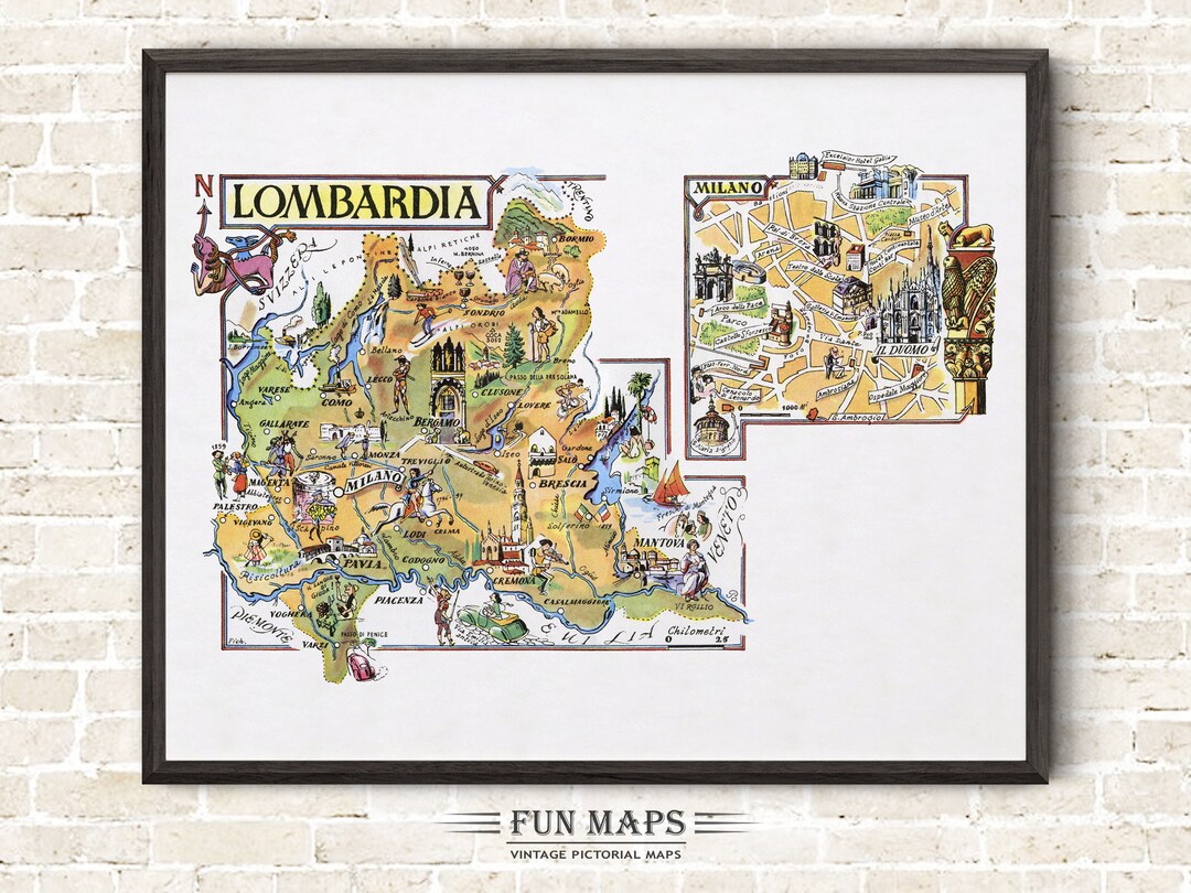 Fun Map of Lombardy in Italy Vintage Pictorial Whimsical Cartoon Old ...