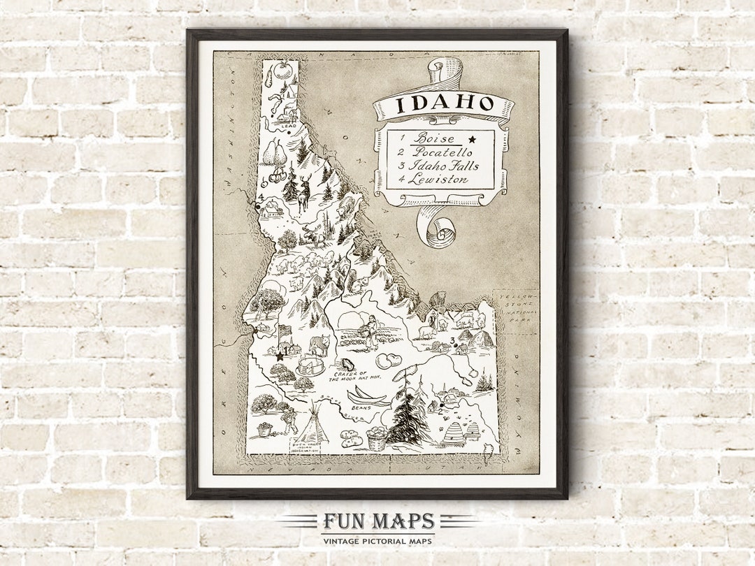 Vintage State Map of Idaho – Fun Pictorial Whimsical Cartoon Print ...