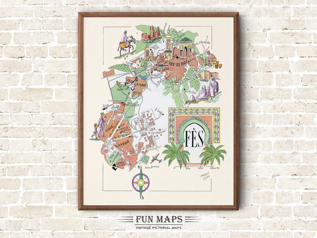 Fun Map of Fes North Africa Vintage Pictorial Whimsical Cartoon Old ...