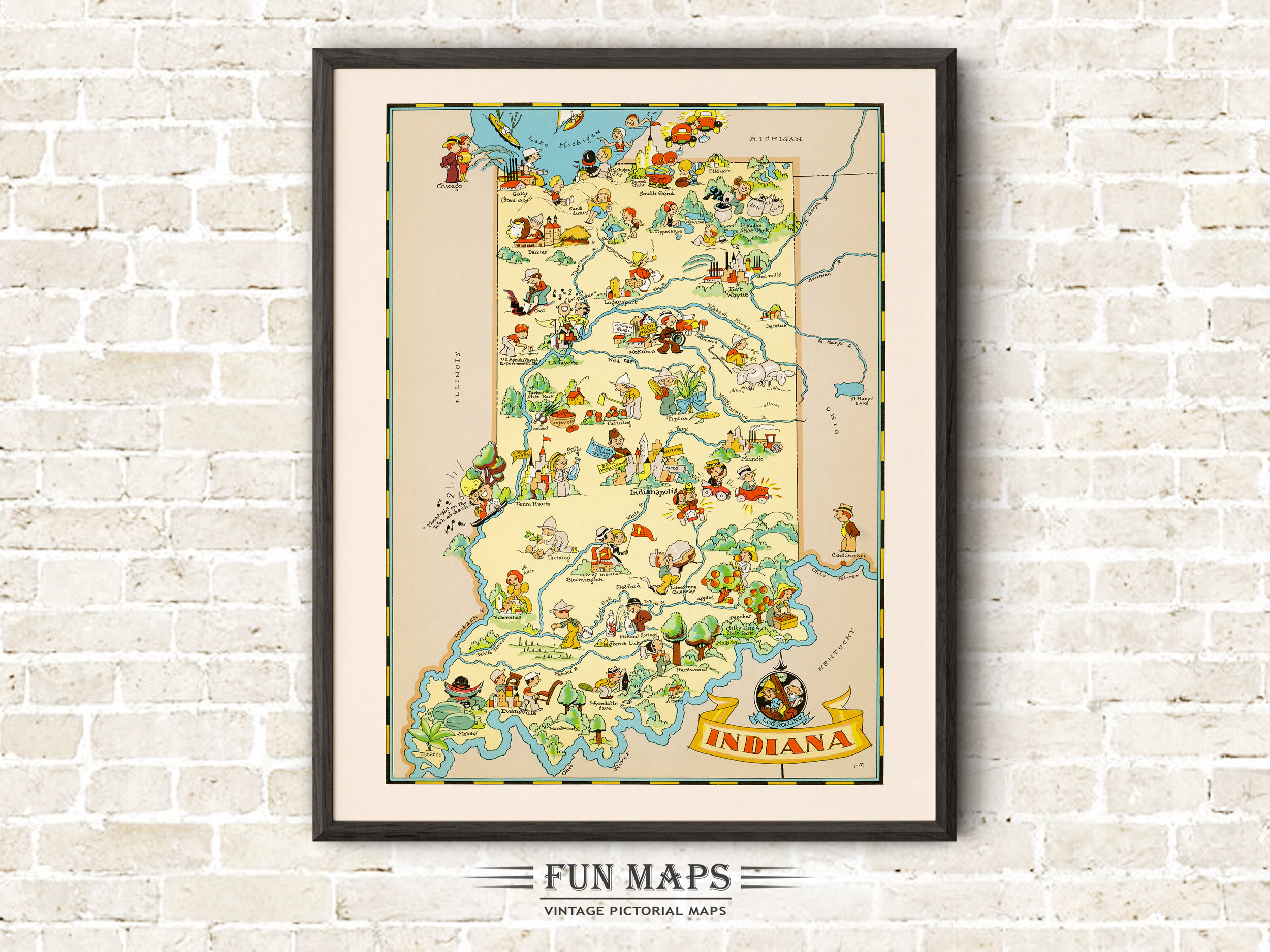 Fun State Map of Indiana – Vintage Pictorial Whimsical Cartoon Print ...