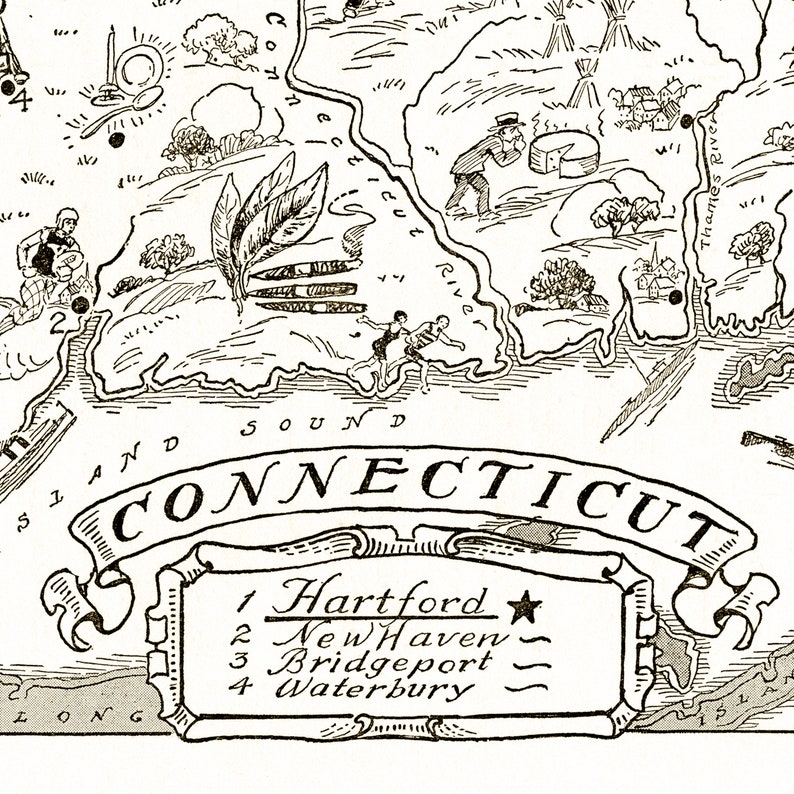 Vintage State Map of Connecticut – Fun Pictorial Whimsical Cartoon ...