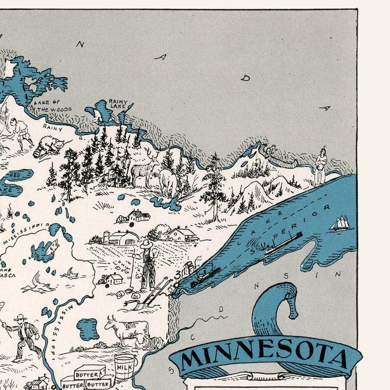 Fun Map of Minnesota Vintage Pictorial Whimsical Cartoon Print ...