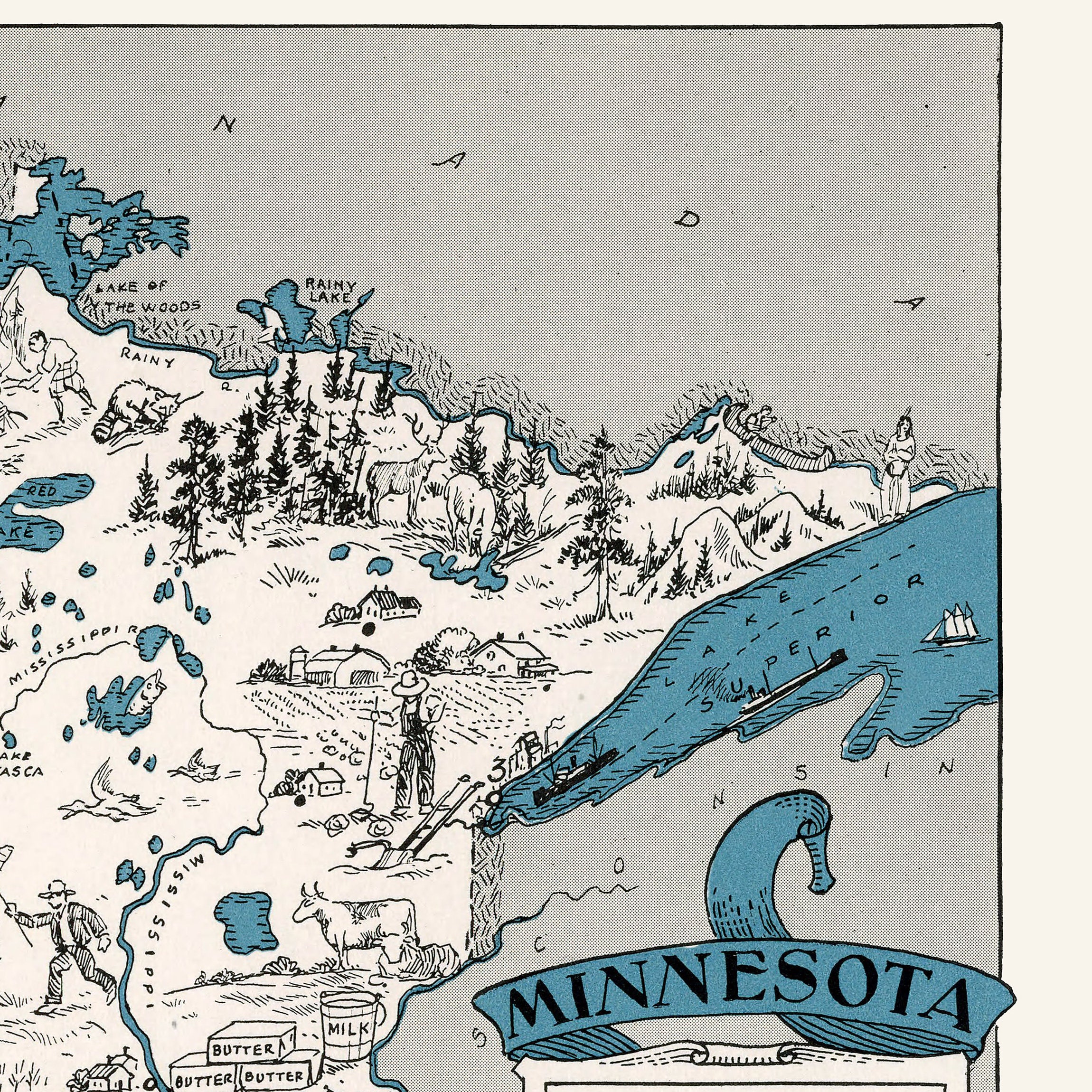 Fun Map of Minnesota Vintage Pictorial Whimsical Cartoon Print ...