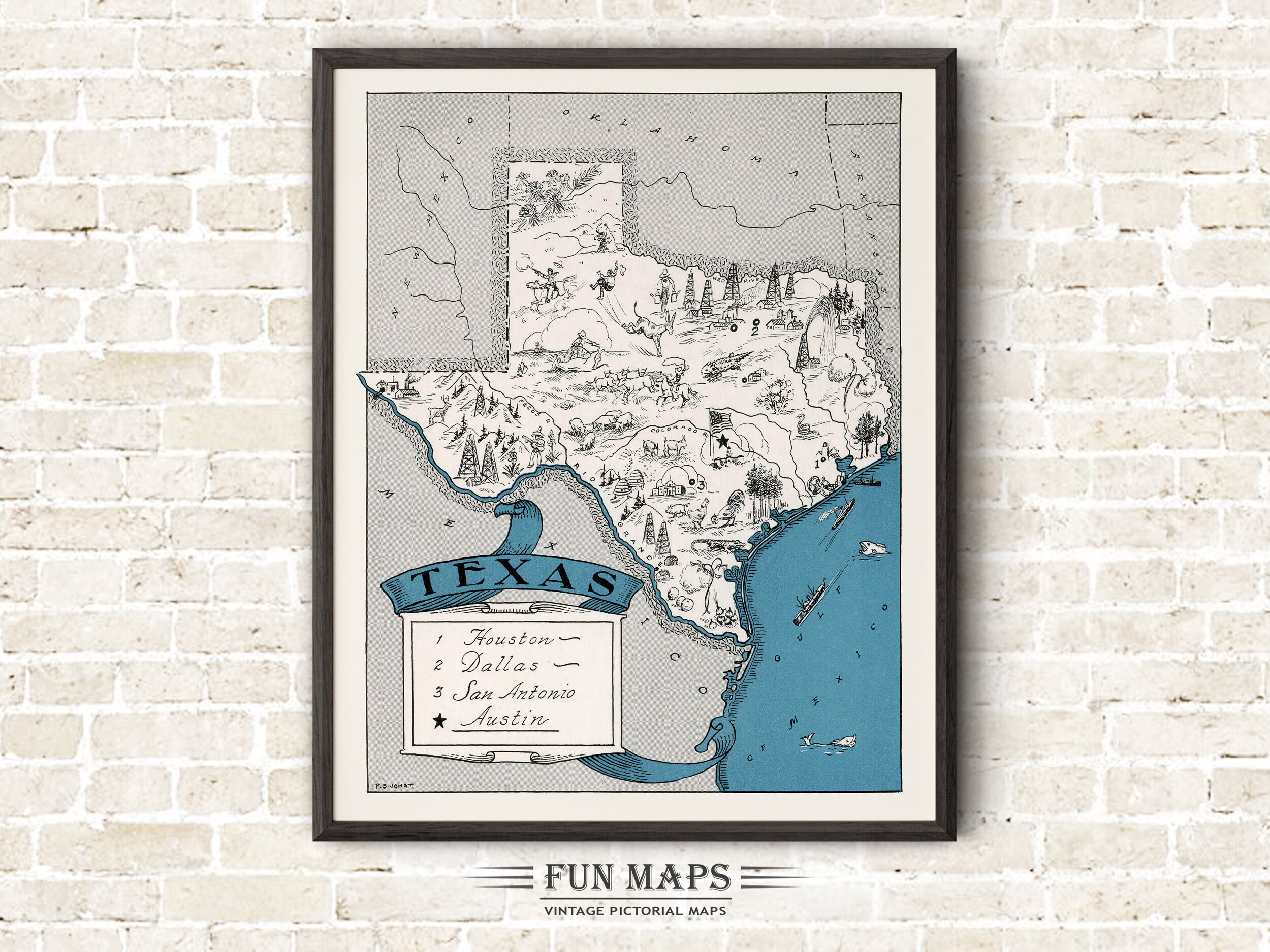 Fun Map of Texas – Vintage Pictorial Whimsical Cartoon Print ...