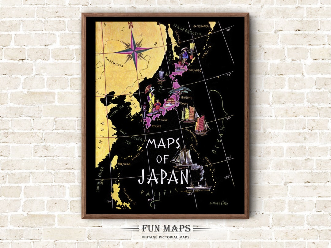 Map of Japan - Fun Vintage Pictorial Whimsical Cartoon Old Print ...