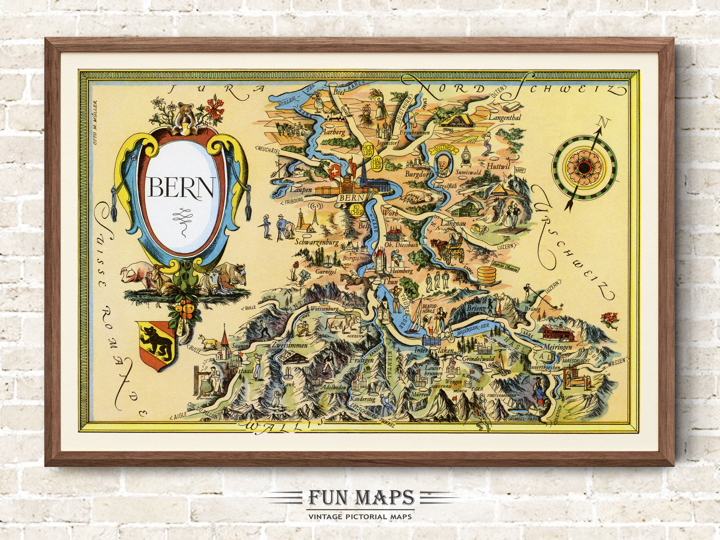 Fun Map of Bern in Switzerland - Vintage Pictorial Whimsical Cartoon ...