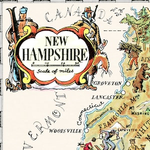 Fun State Map of New Hampshire – Vintage Pictorial Whimsical Cartoon ...