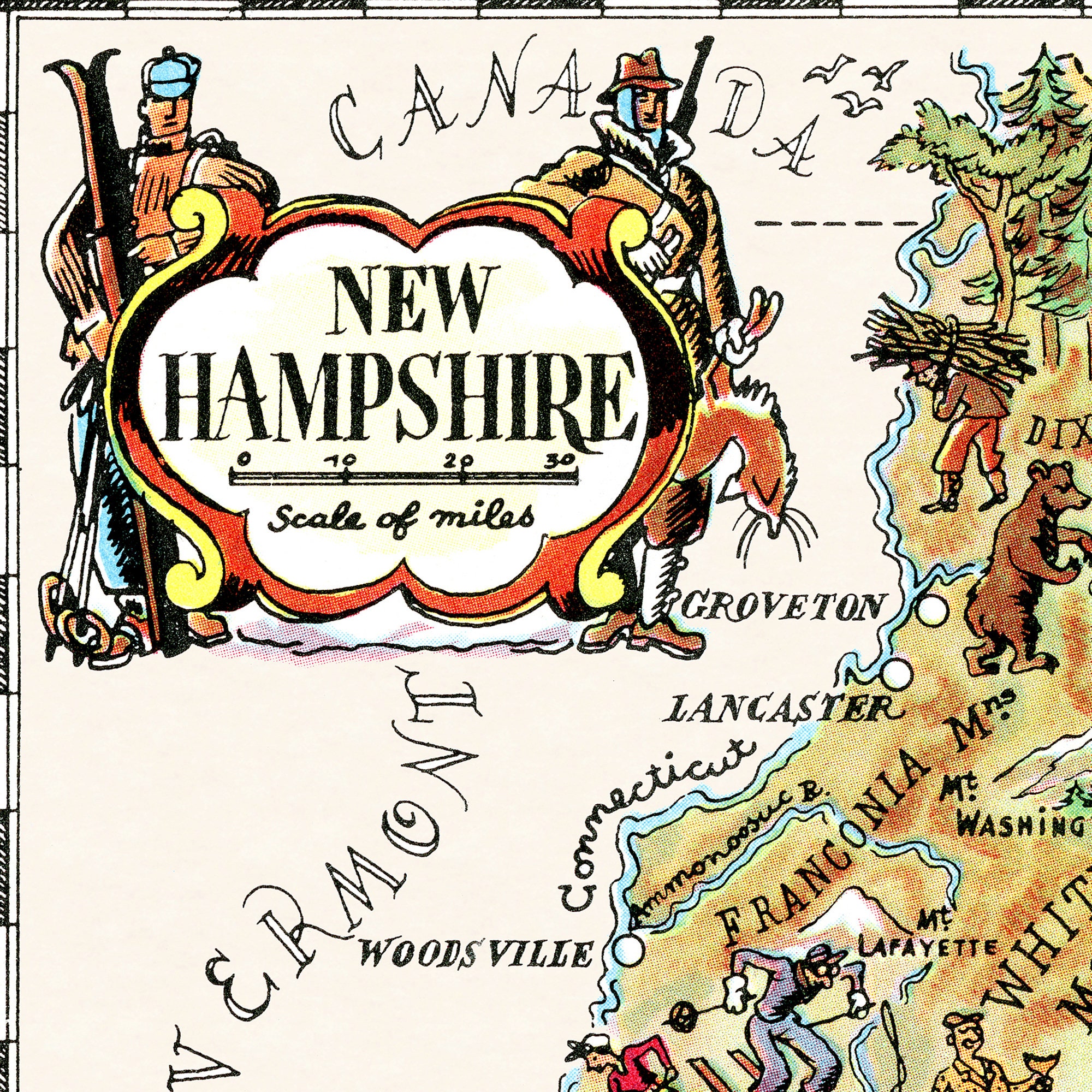 Fun State Map of New Hampshire Vintage Pictorial Whimsical Cartoon ...