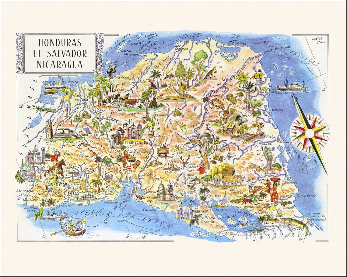 Fun Map of Honduras El Salvador Nicaragua Vintage Pictorial Whimsical ...
