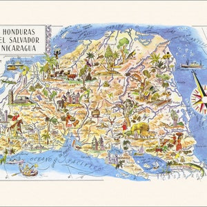 Fun Map of Honduras - El Salvador - Nicaragua Vintage Pictorial ...