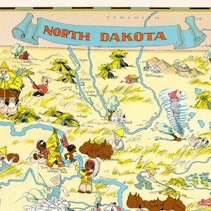 Fun State Map of North Dakota - Vintage Pictorial Whimsical Cartoon ...