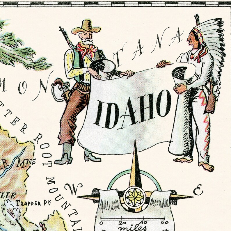 Fun State Map of Idaho – Vintage Pictorial Whimsical Cartoon Print ...