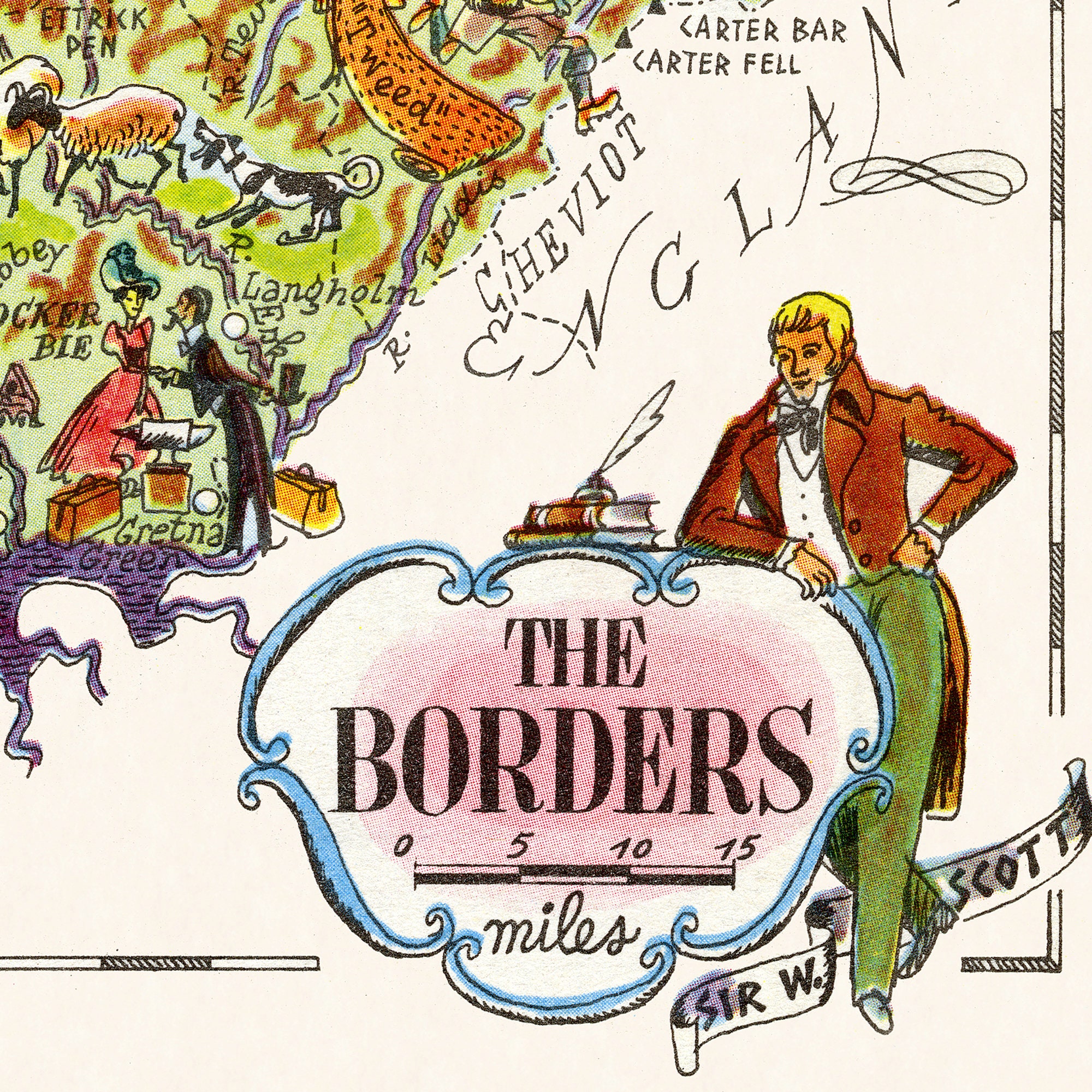 Fun Map of the Borders in Great Britain, England, UK, Vintage Pictorial ...