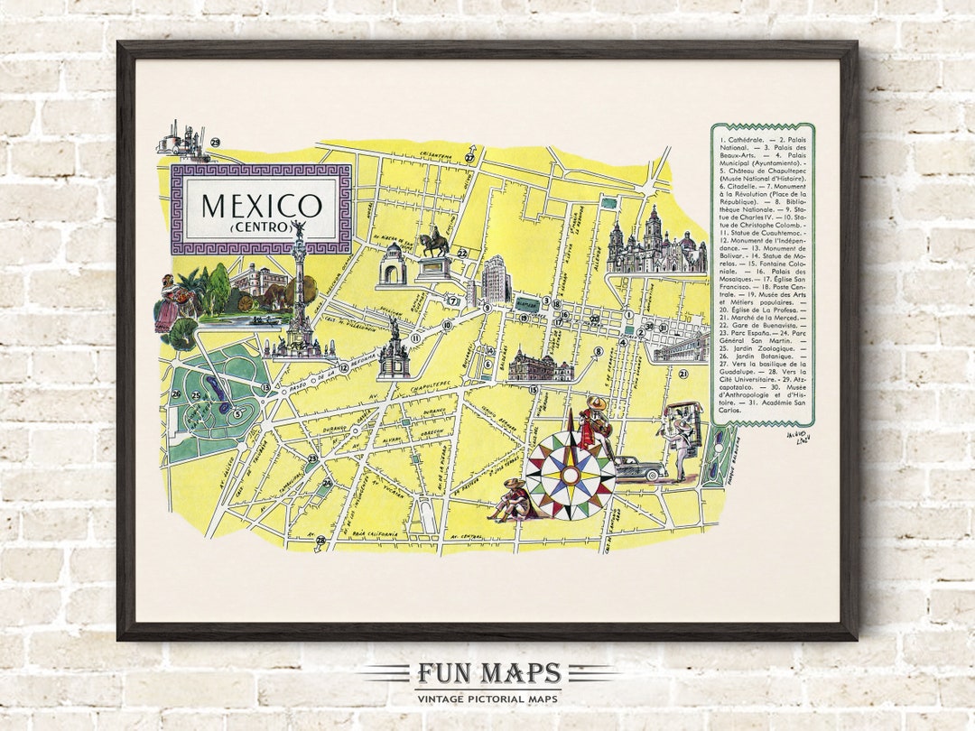 Fun Map of Mexico City - Vintage Pictorial Whimsical Cartoon Old Print ...