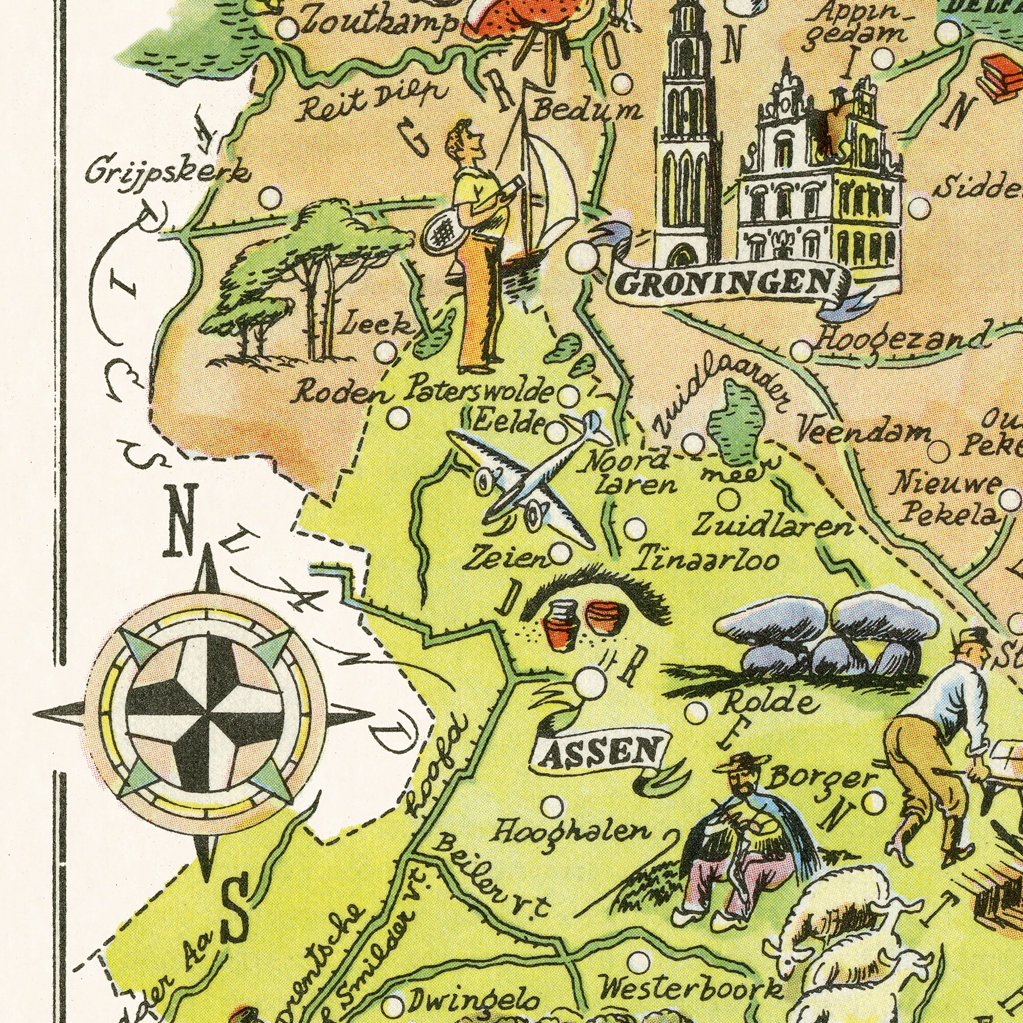 Fun Map of Groningen & Drenthe in the Netherlands, Holland Vintage Pictorial Print Illustration ...