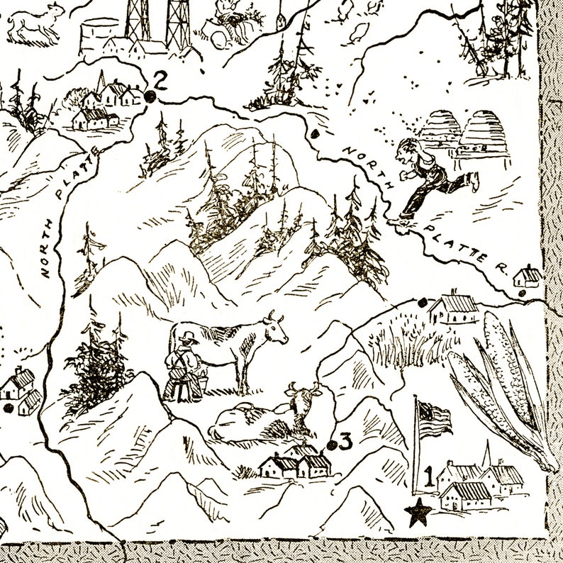 Vintage State Map of Wyoming Fun Pictorial Whimsical Cartoon Print ...