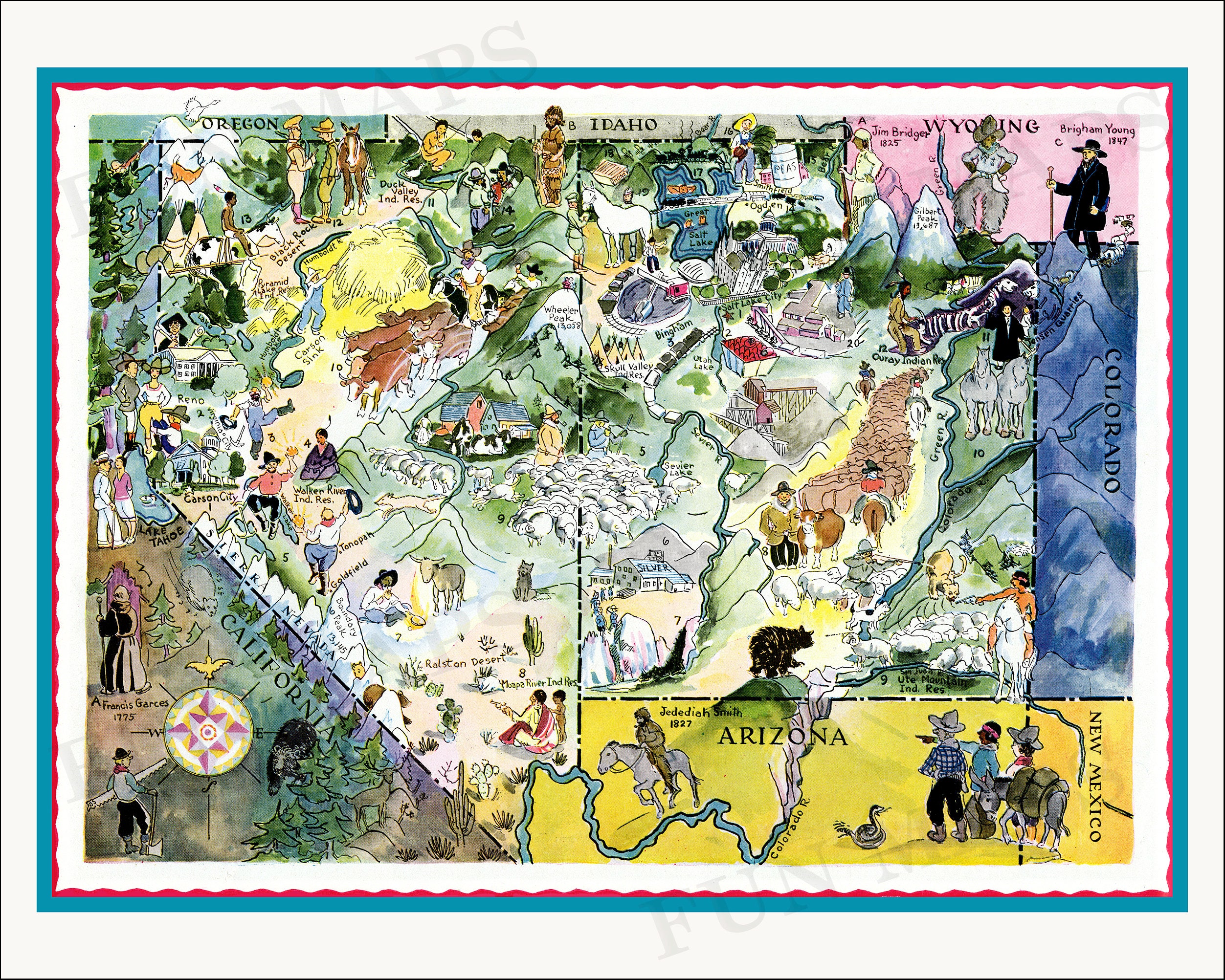 Vintage State Map of Nevada & Utah Pictorial Whimsical Print - Etsy