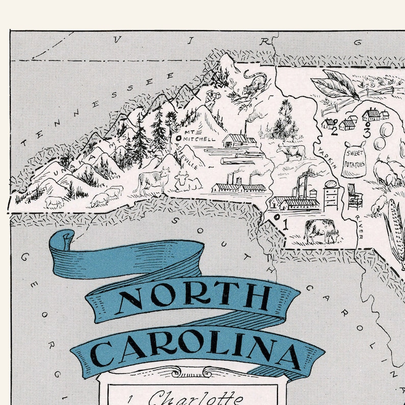 Fun Map of North Carolina Vintage Pictorial Whimsical - Etsy