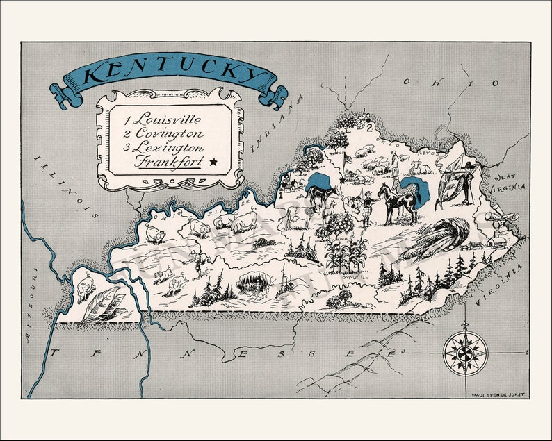 Fun Map of Kentucky Vintage Pictorial Whimsical Cartoon - Etsy