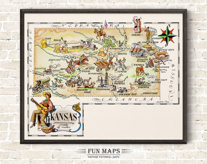 Fun State Map of Kansas – Vintage Pictorial Whimsical Cartoon Print ...