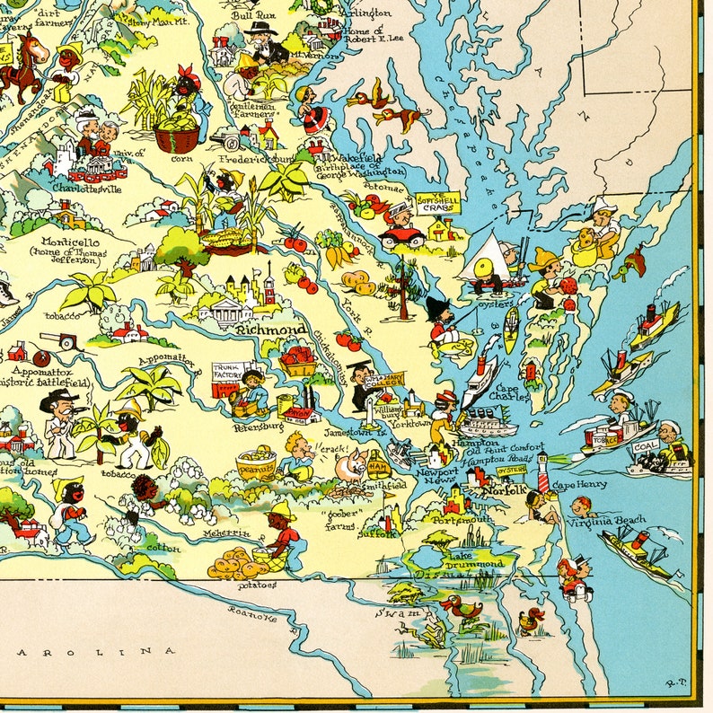 Fun State Map of Virginia Vintage Pictorial Whimsical - Etsy